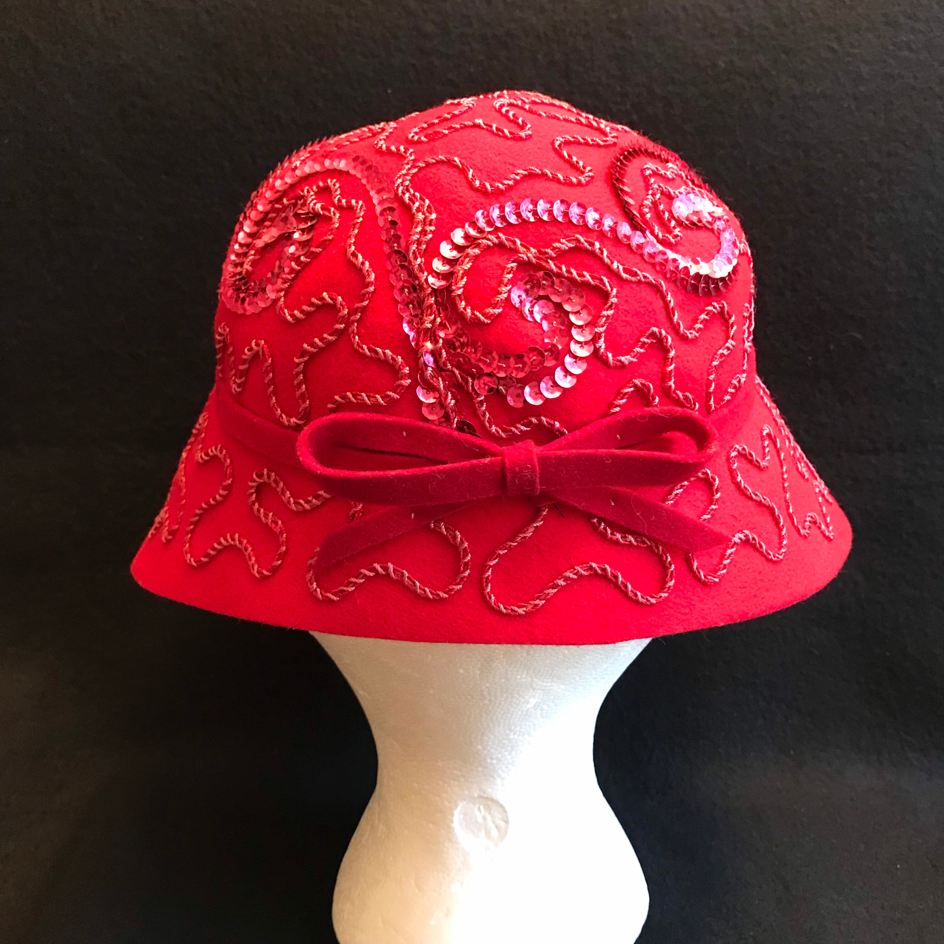 Vintage Red Cloche Hat, Sequined Embellished Women’s Wool Hat - Etsy