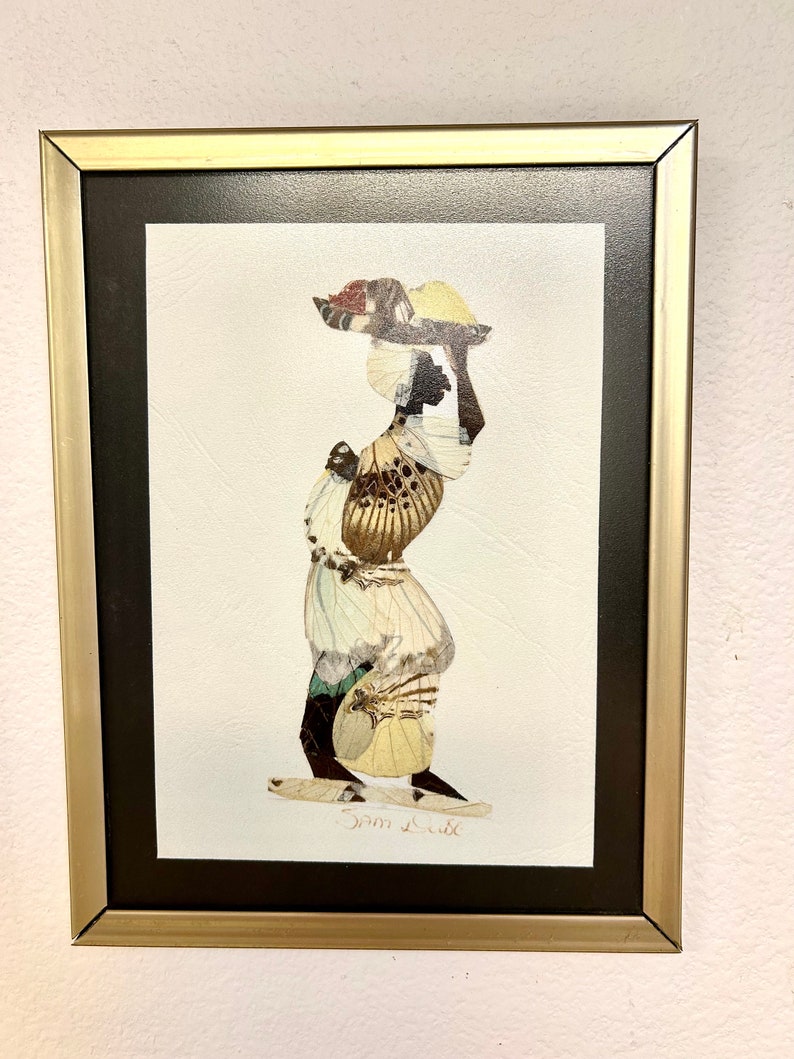 African Butterfly Wing Art, Wing Mosaic of Woman With Basket, Signed ...