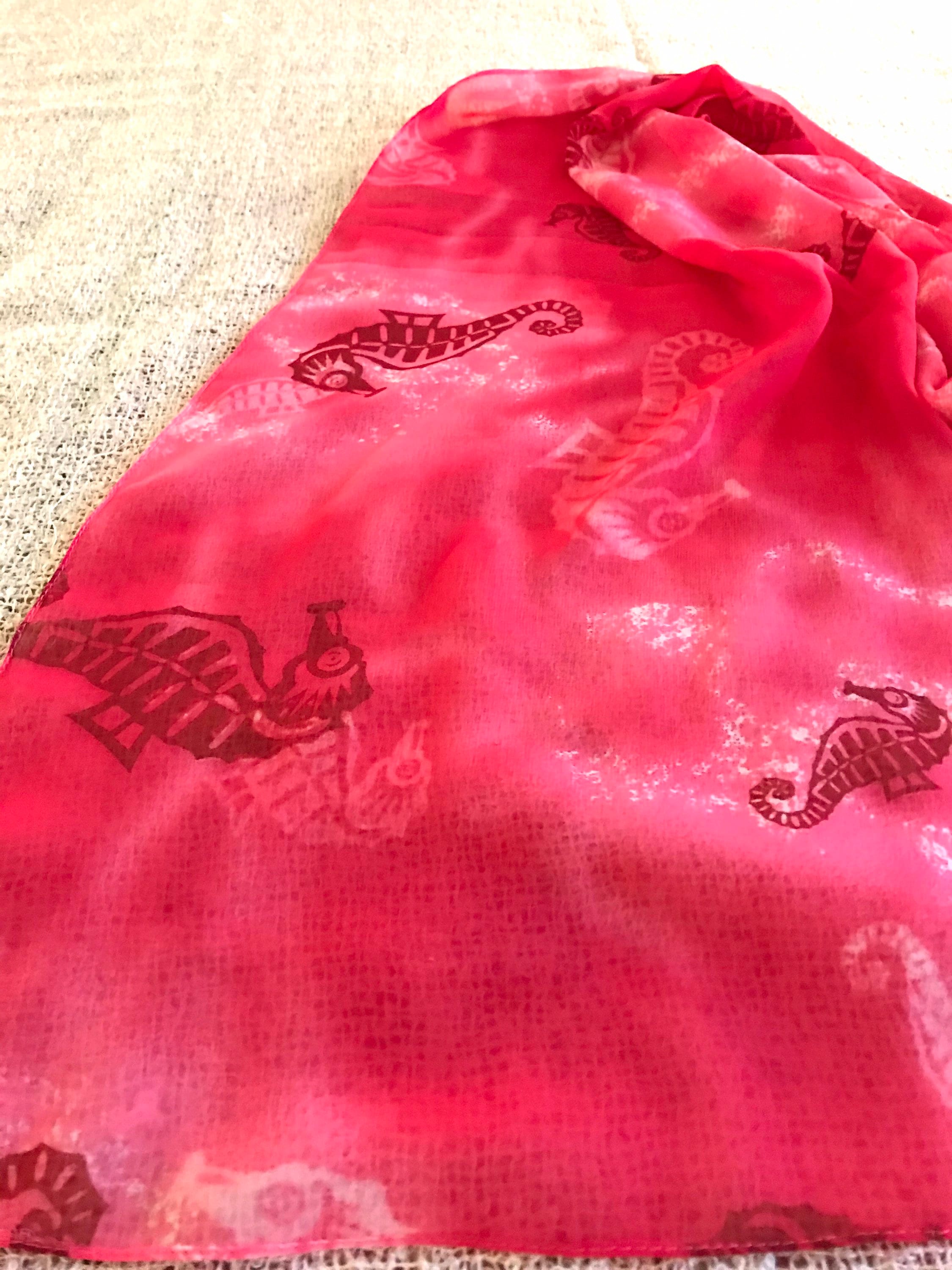 Hot Pink Scarf Sea Horses Print Beachy Long Scarf by - Etsy