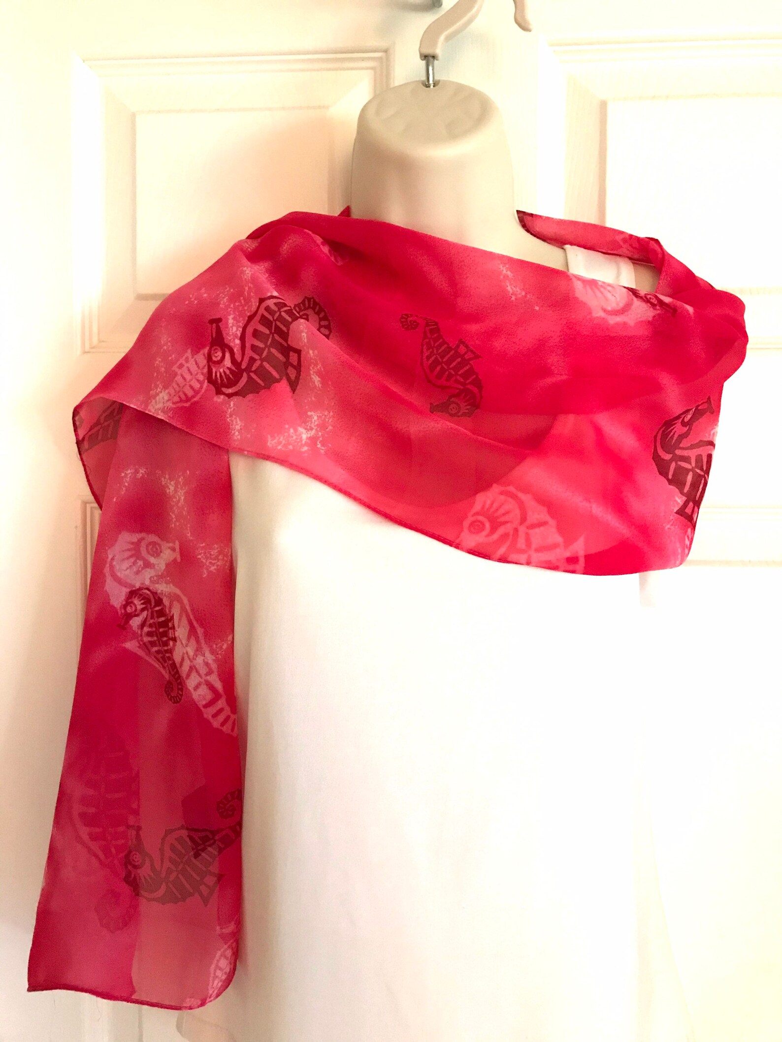 Hot Pink Scarf, Sea Horses Print, Beachy Long Scarf by Isabella - Etsy