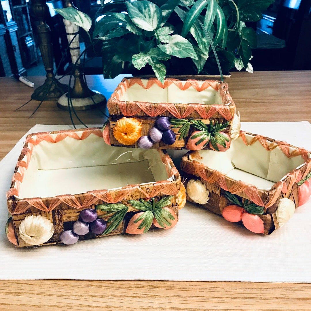 Colorful Rafia Serving Baskets, Set of 3 Small Nesting Square Wicker ...