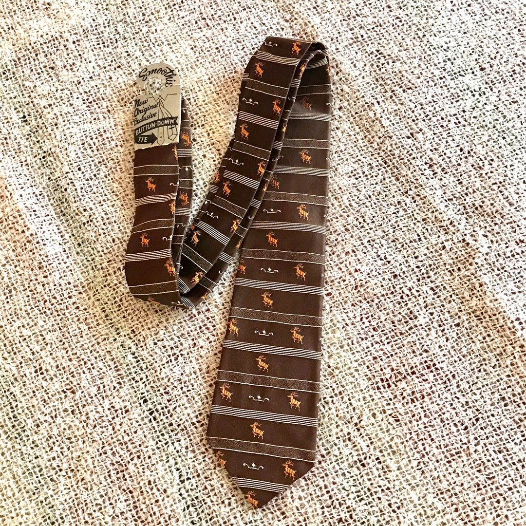 50s Button Down Tie, Brown Moose Embroidered Necktie, Short Skinny Tie ...