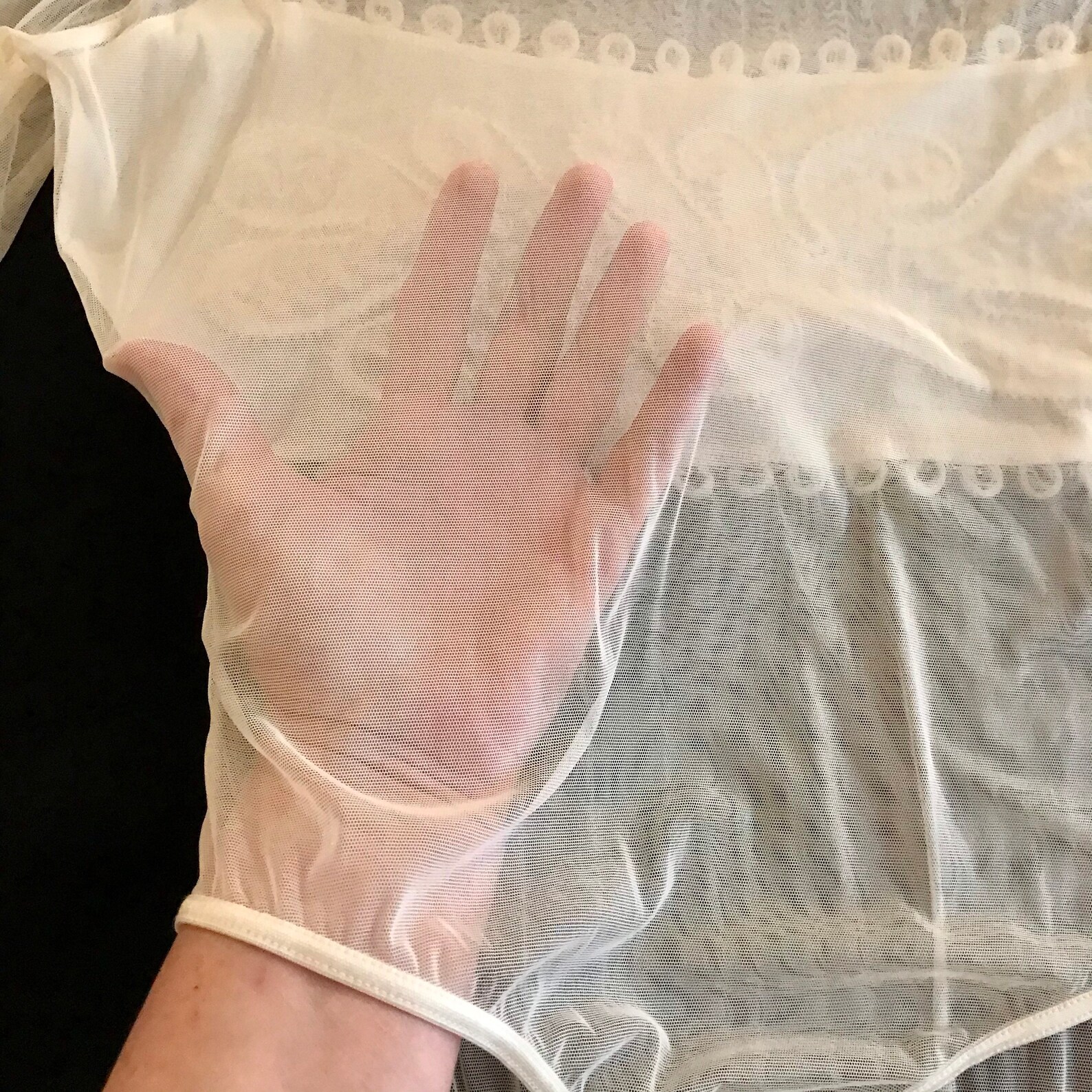 Sheer Teddy Body Suit With Snap Bottom, Ivory Net With Pearl ...