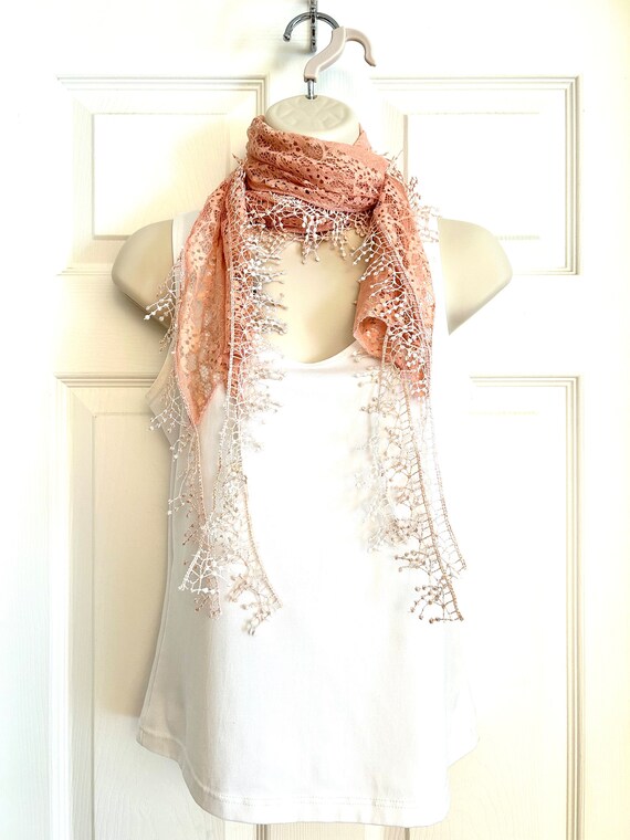 Boho Pink Lace Scarf with Tassels, Shabby Chic Style - Gem