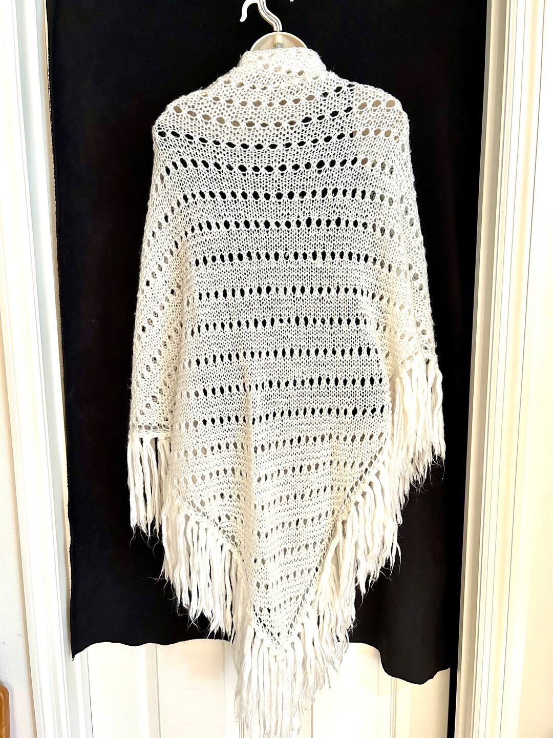 White Knit Triangle Shawl With Fringe, Extra Long, White Gypsy Shawl ...