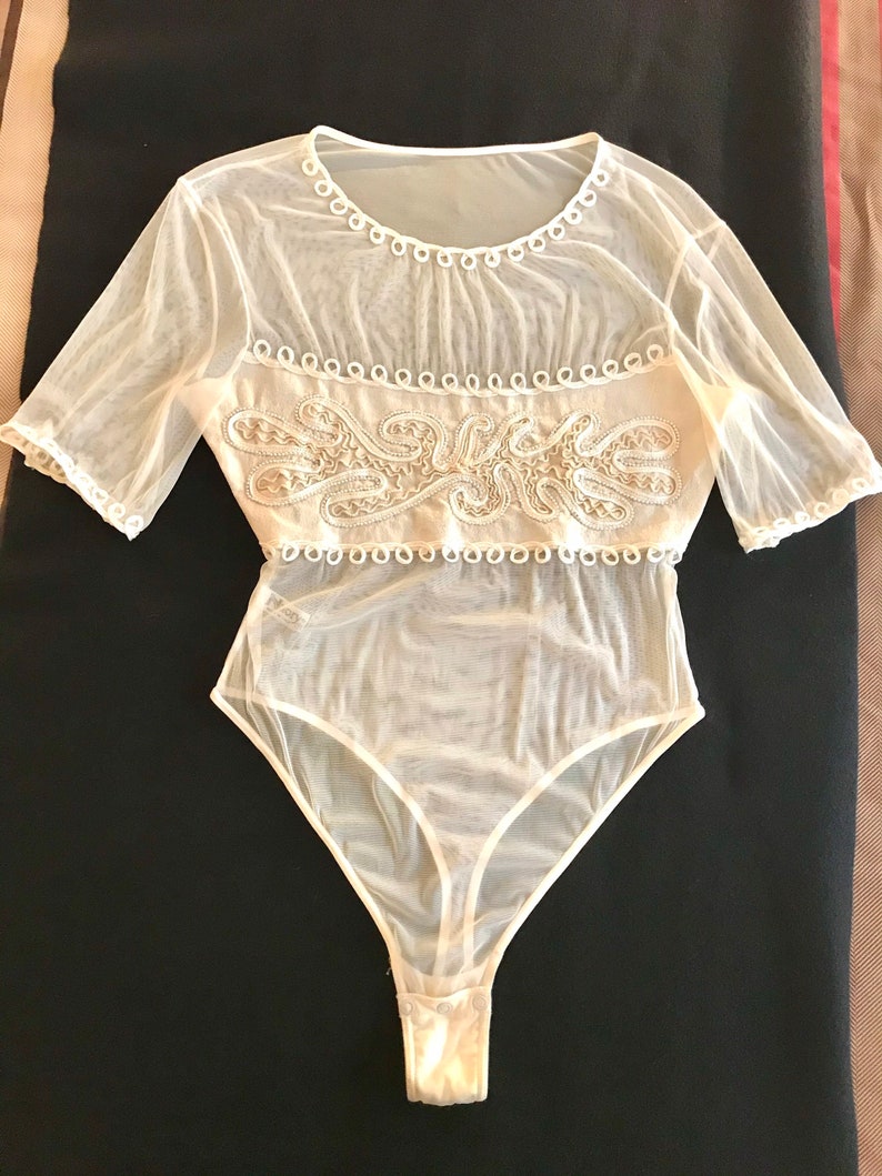 Sheer Teddy Body Suit with Snap Bottom, Ivory Net with Pearl ...