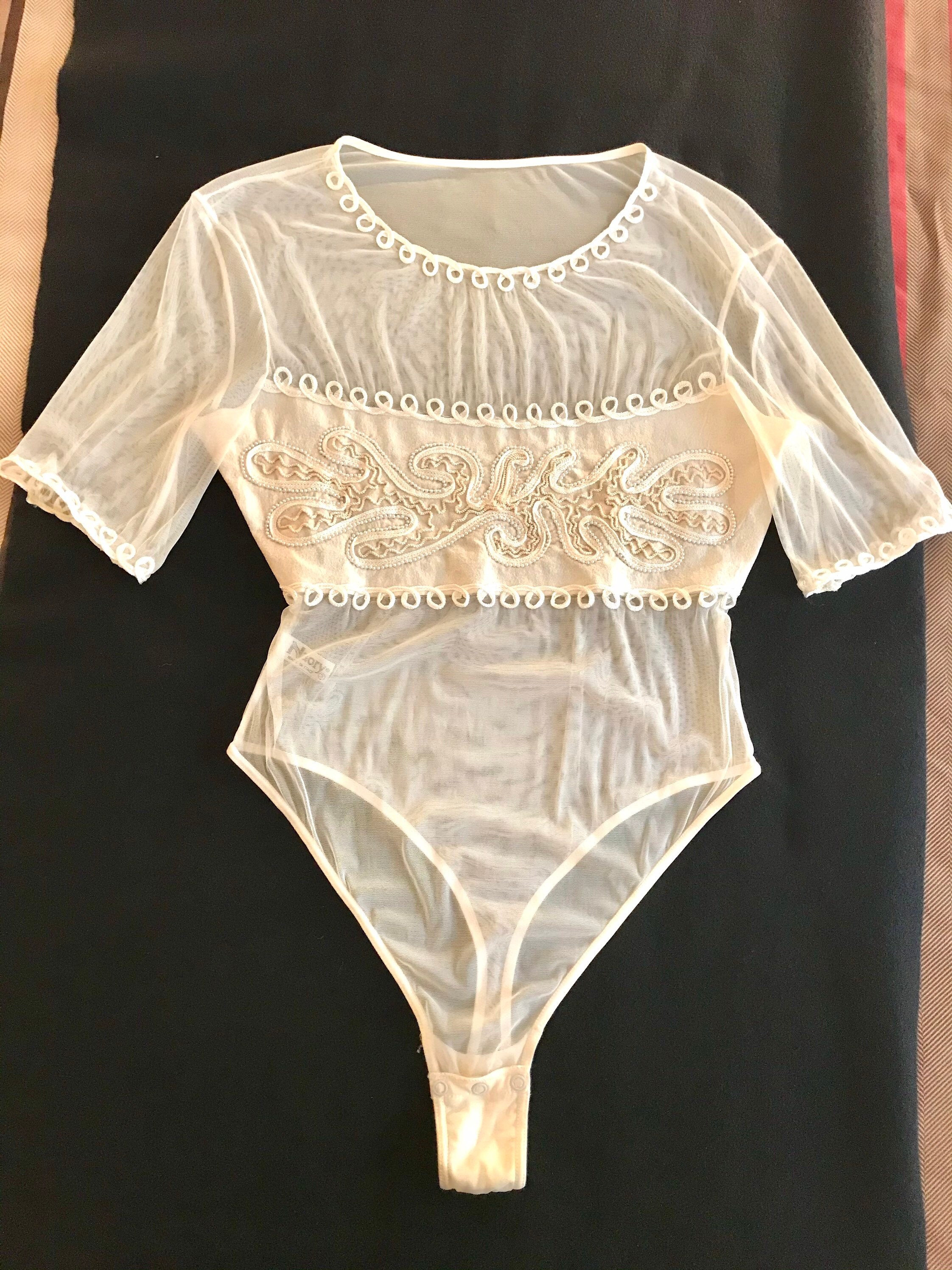 Sheer Teddy Body Suit With Snap Bottom, Ivory Net With Pearl ...
