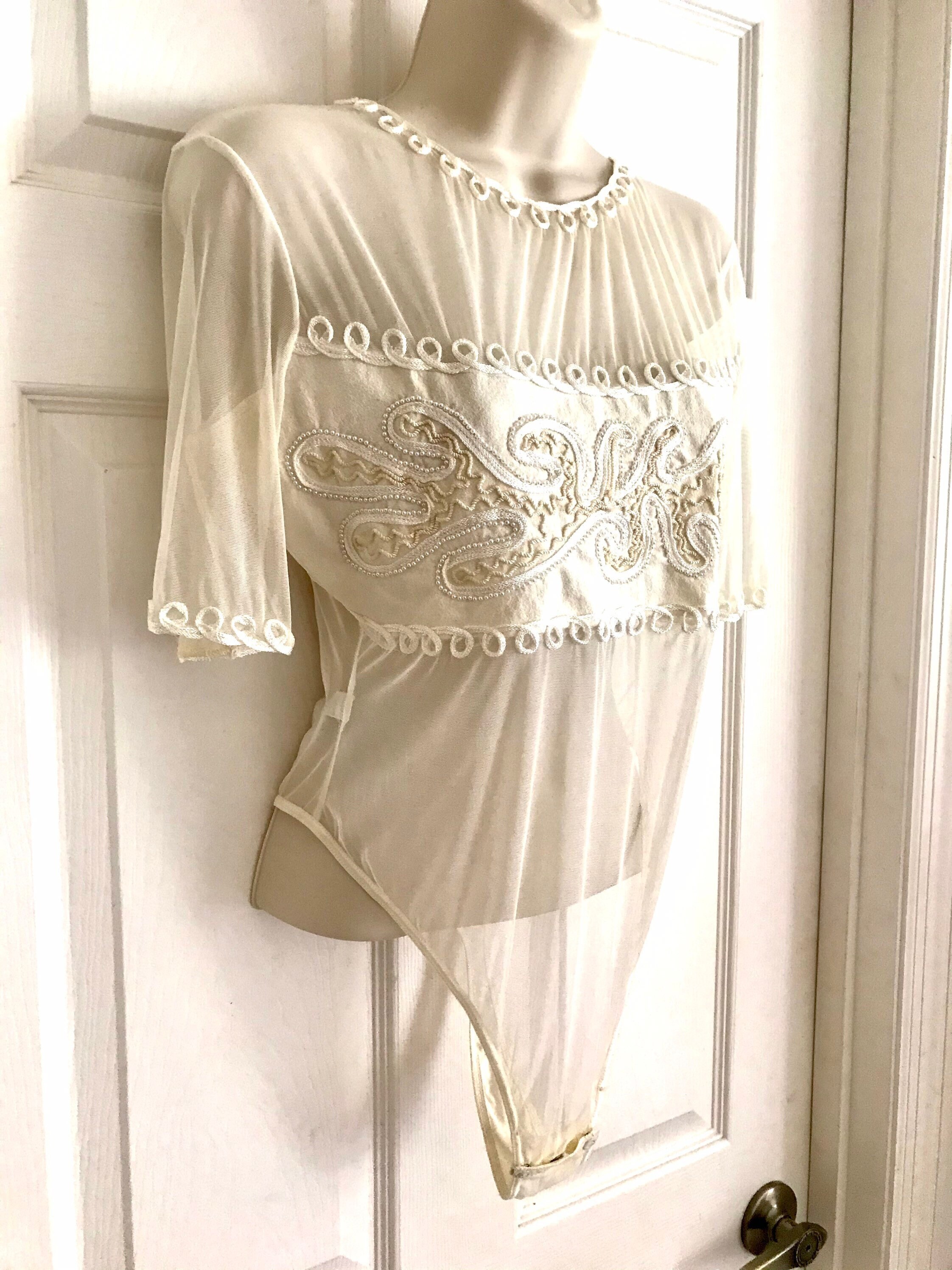 Sheer Teddy Body Suit With Snap Bottom, Ivory Net With Pearl ...