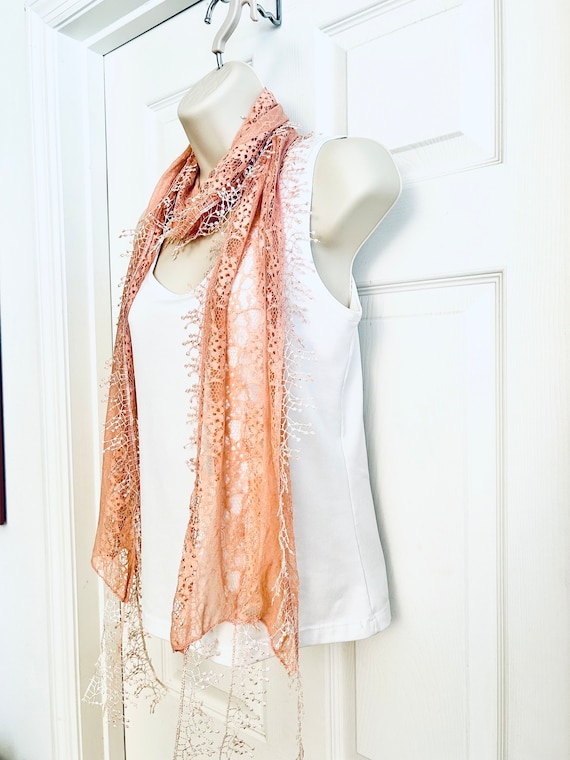 Boho Pink Lace Scarf with Tassels, Shabby Chic Style - Gem