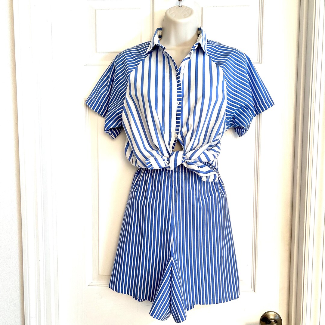 80s Two Piece Shorts Set, Casey & Max Blue Striped Blouse and Shorts ...
