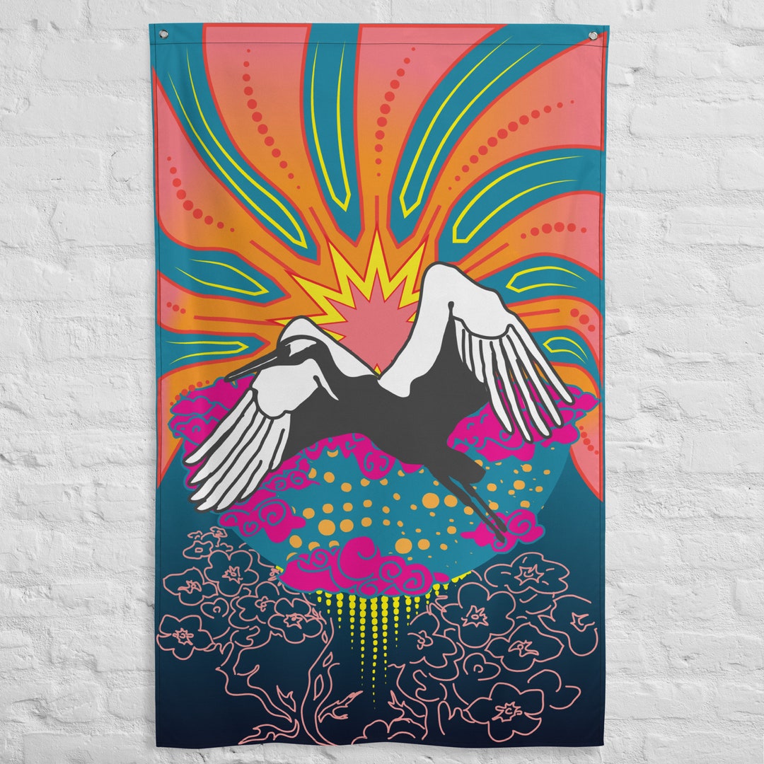 Japanese Crane Pop Art Flag, Untraditional, Geometric Sun, Glowing ...