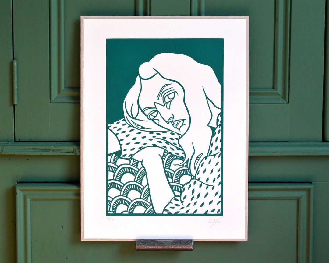Hand Printed Limited Edition Linocut Print - 'laura Leaning' (bottle ...
