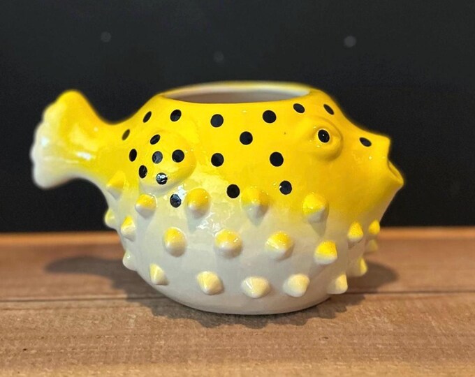 Large Pufferfish Vase, Blue White Hand Made Pottery Art Vase, Blowfish ...
