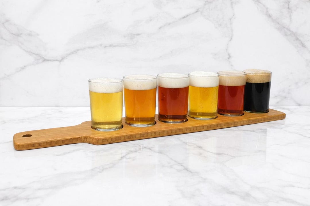 6 Hole Bamboo Flight Paddle and 6 Beer Taster Glasses Beer Sampler ...