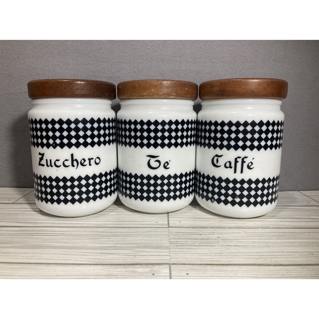 Vintage Italian Milk Glass Canisters W/ Wood Lids Coffee, Tea, Sugar - Etsy