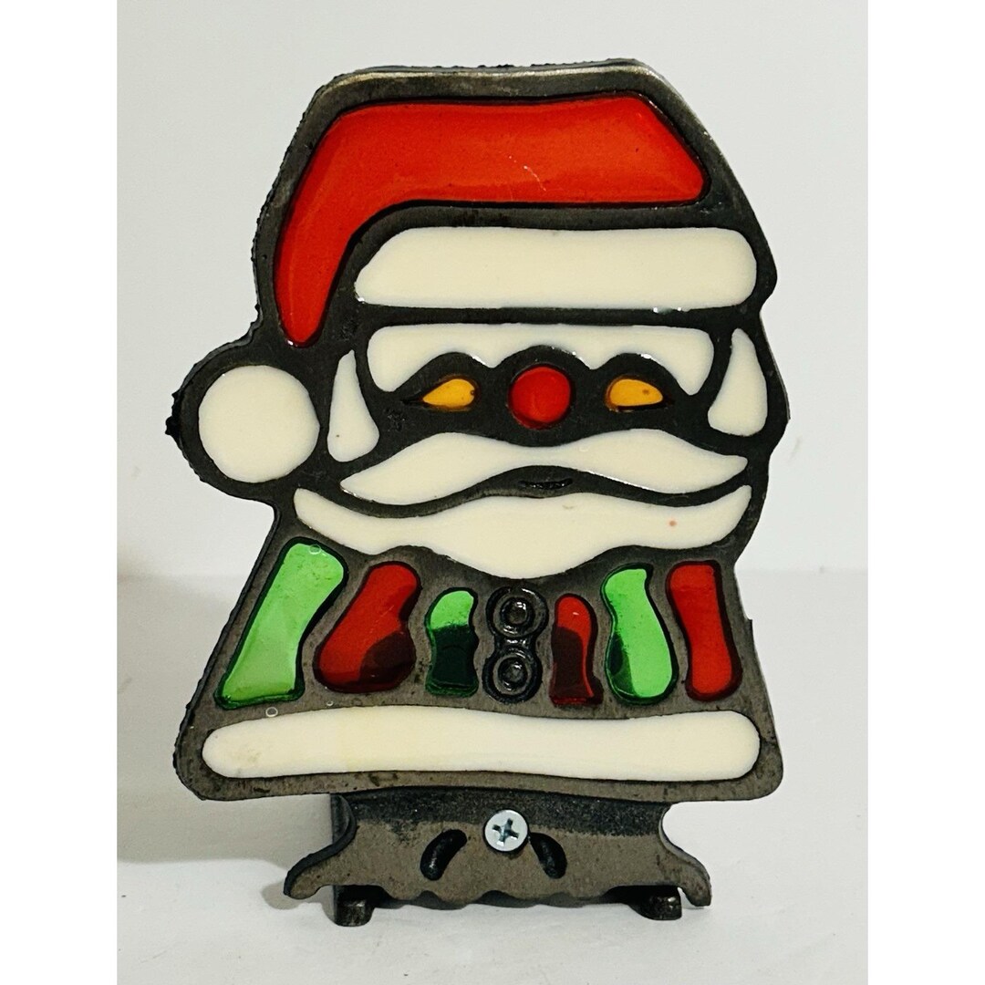 Vintage Stained Glass Santa Clause Candle Holder Cast Iron Tea Light ...