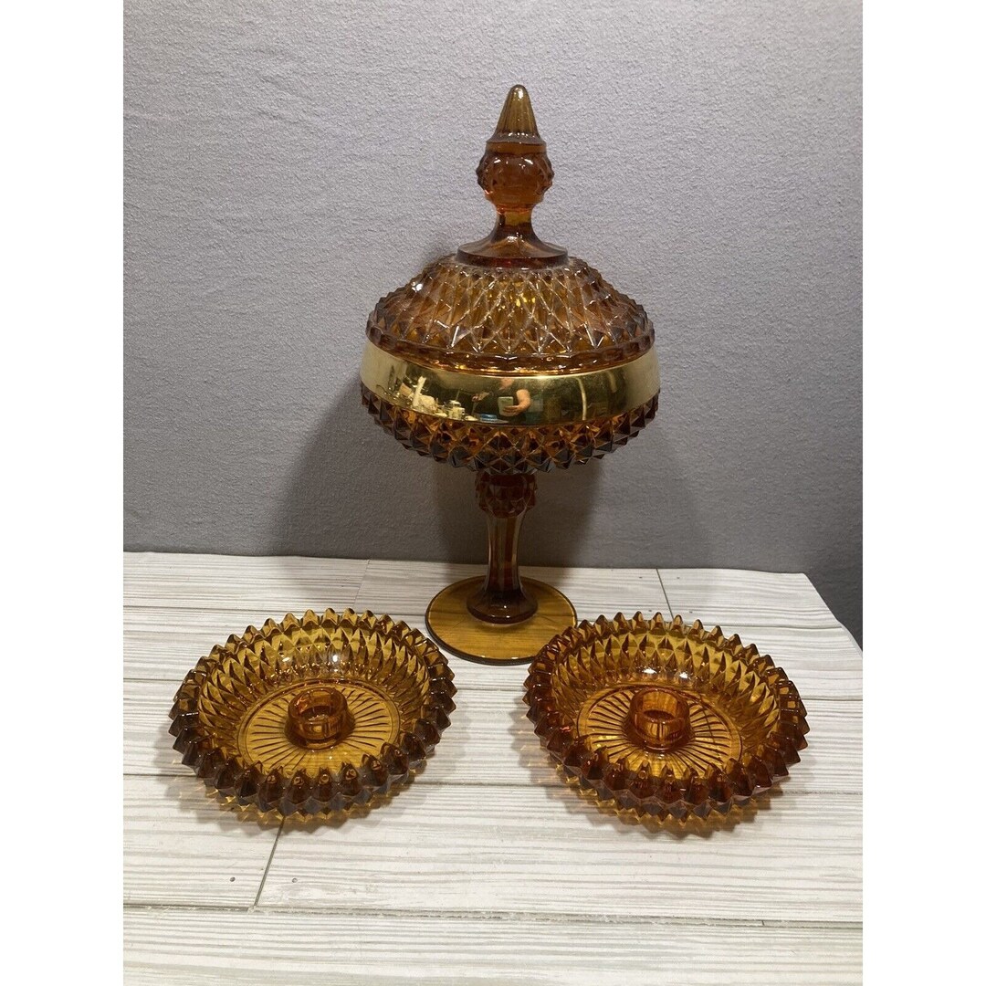EAPG Amber Glass Compote Covered Candy Dish & 2 Matching Candle Holders ...