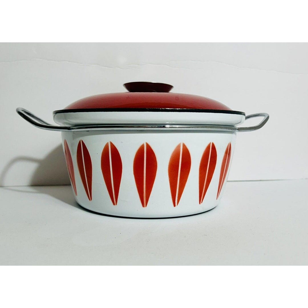 Catherine Holm Enamelware Pot Red & White Lotus MCM Cookware - Etsy