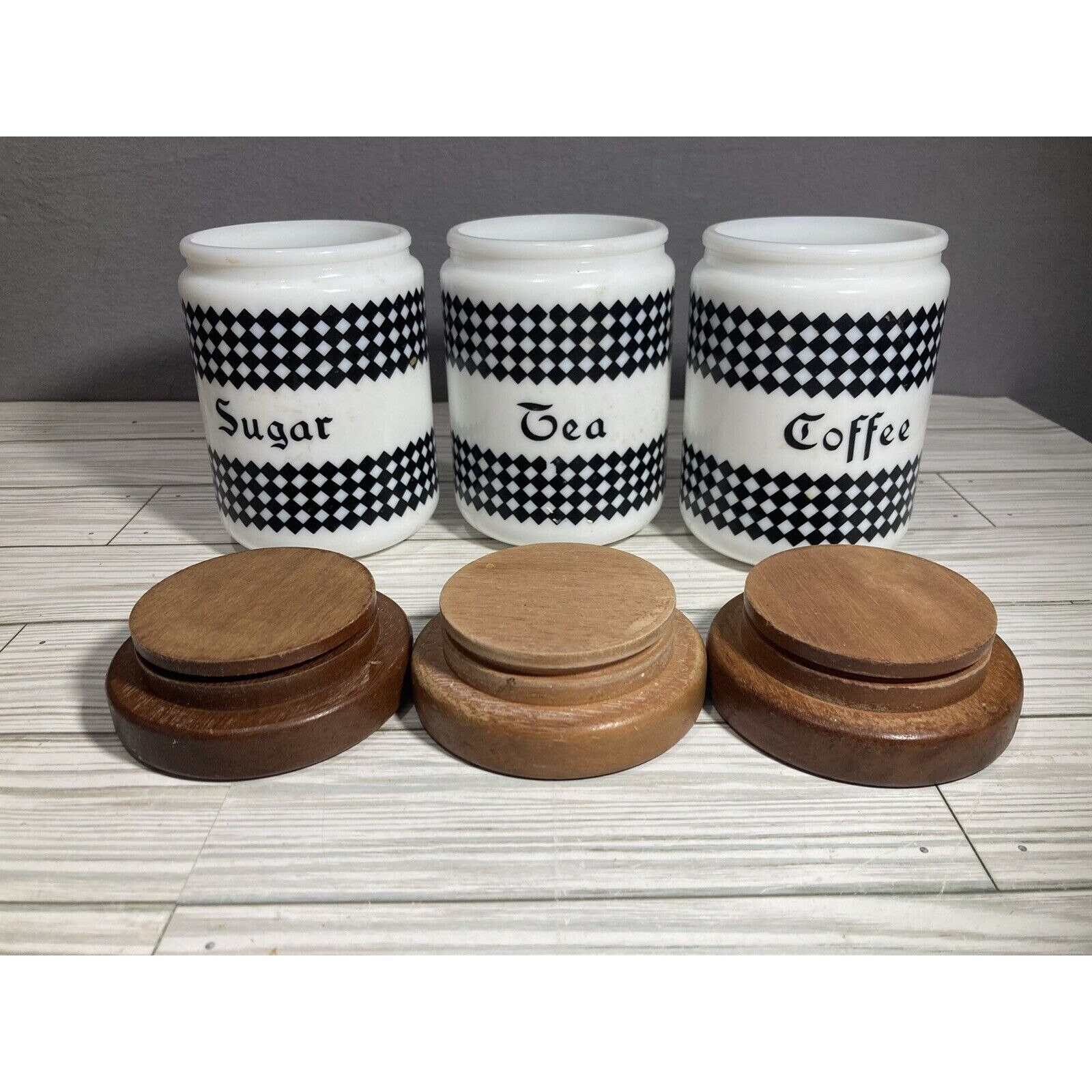 Vintage Italian Milk Glass Canisters W/ Wood Lids Coffee, Tea, Sugar - Etsy