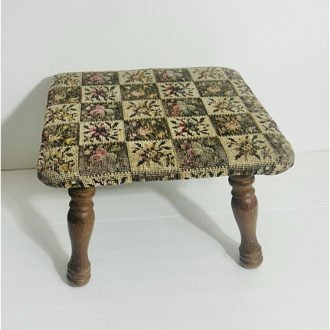 VTG Foot Rest Floral Needlepoint Fabric Ottoman Primitive Granny ...