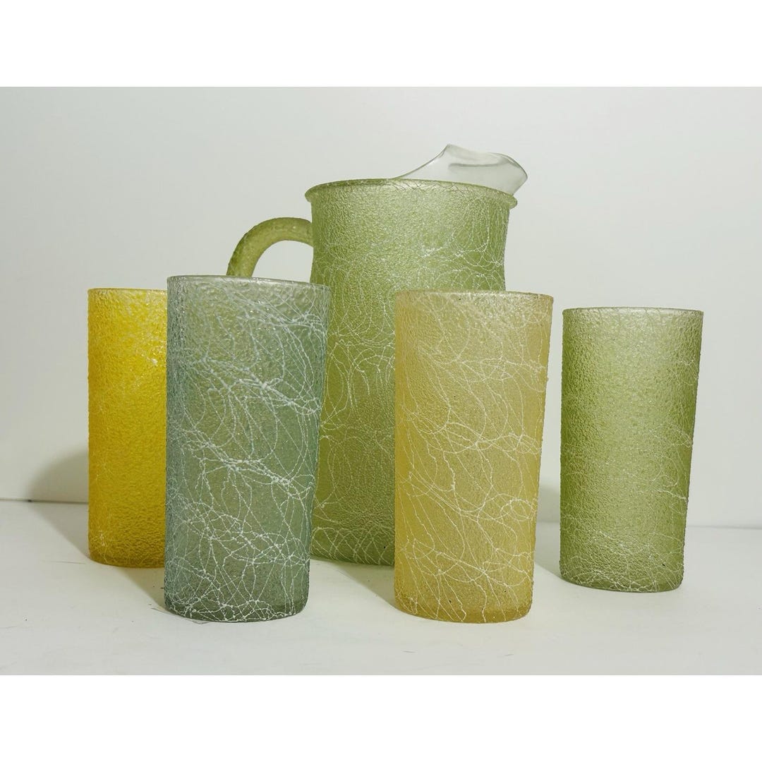 1960’s Color Craft Plastisol Spaghetti String Pitcher and 4 Tumblers ...