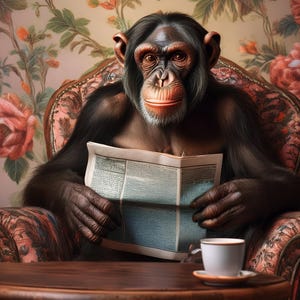 Learned Chimp A3 Chimpanzee Reading a Newspaper Drinking a Cup of Tea ...
