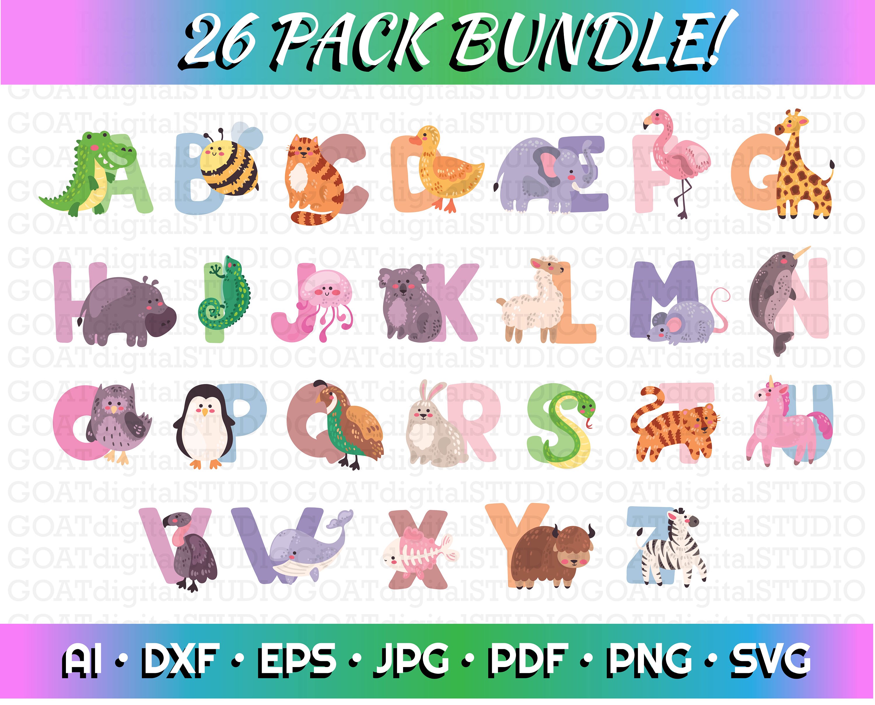 Cute Animals Alphabet Svg, Animal Alphabet Bundle Svg, A-Z Animals Svg ...