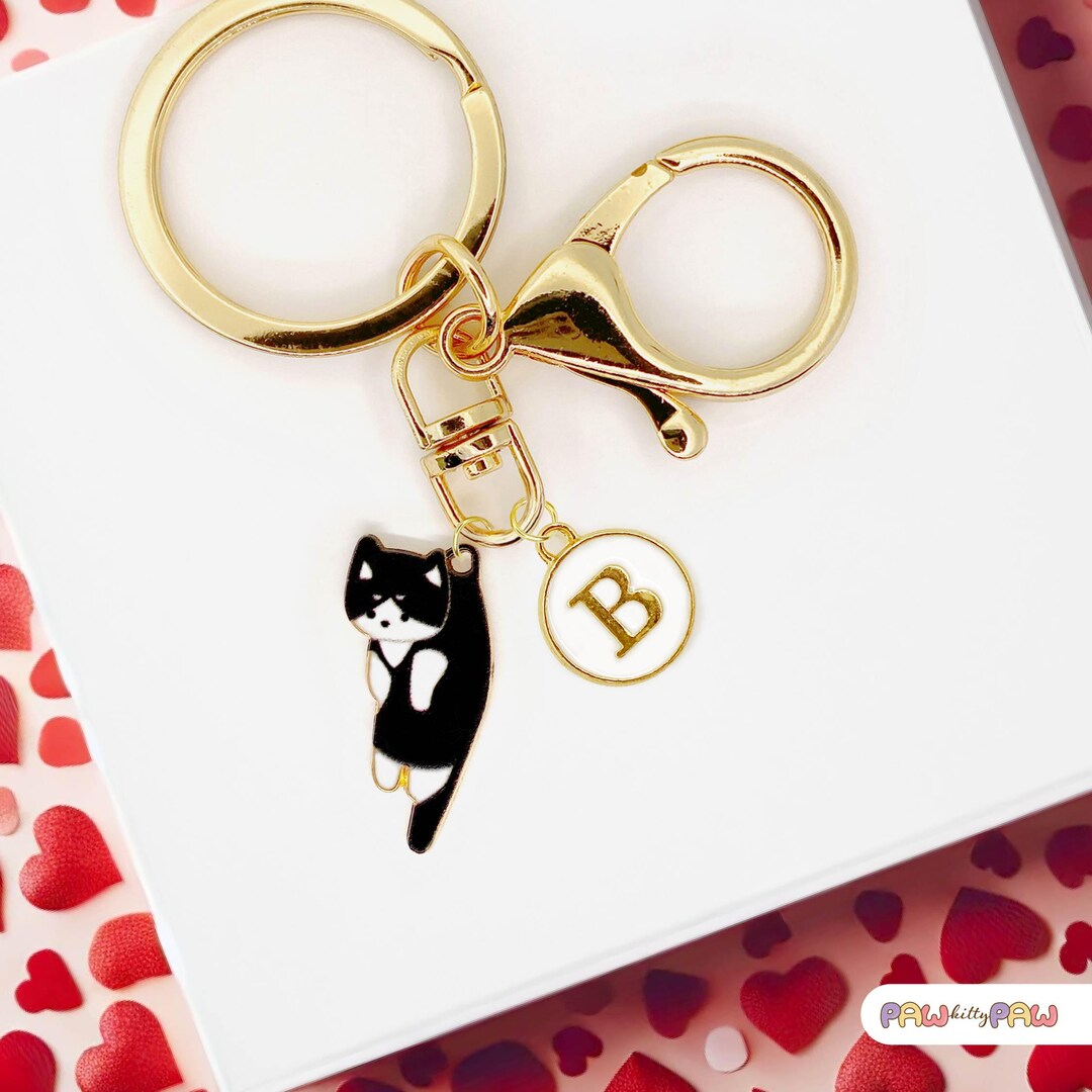 Cute Black Tuxedo Cat Enamel Keychain With Personalized Monogram Letter ...