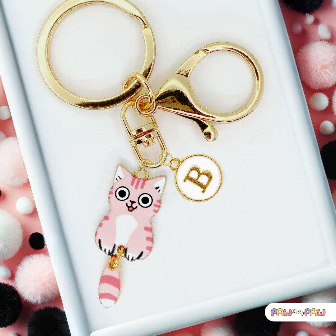 Cute Pink Cat Enamel Keychain With Personalized Monogram Letter Charm ...