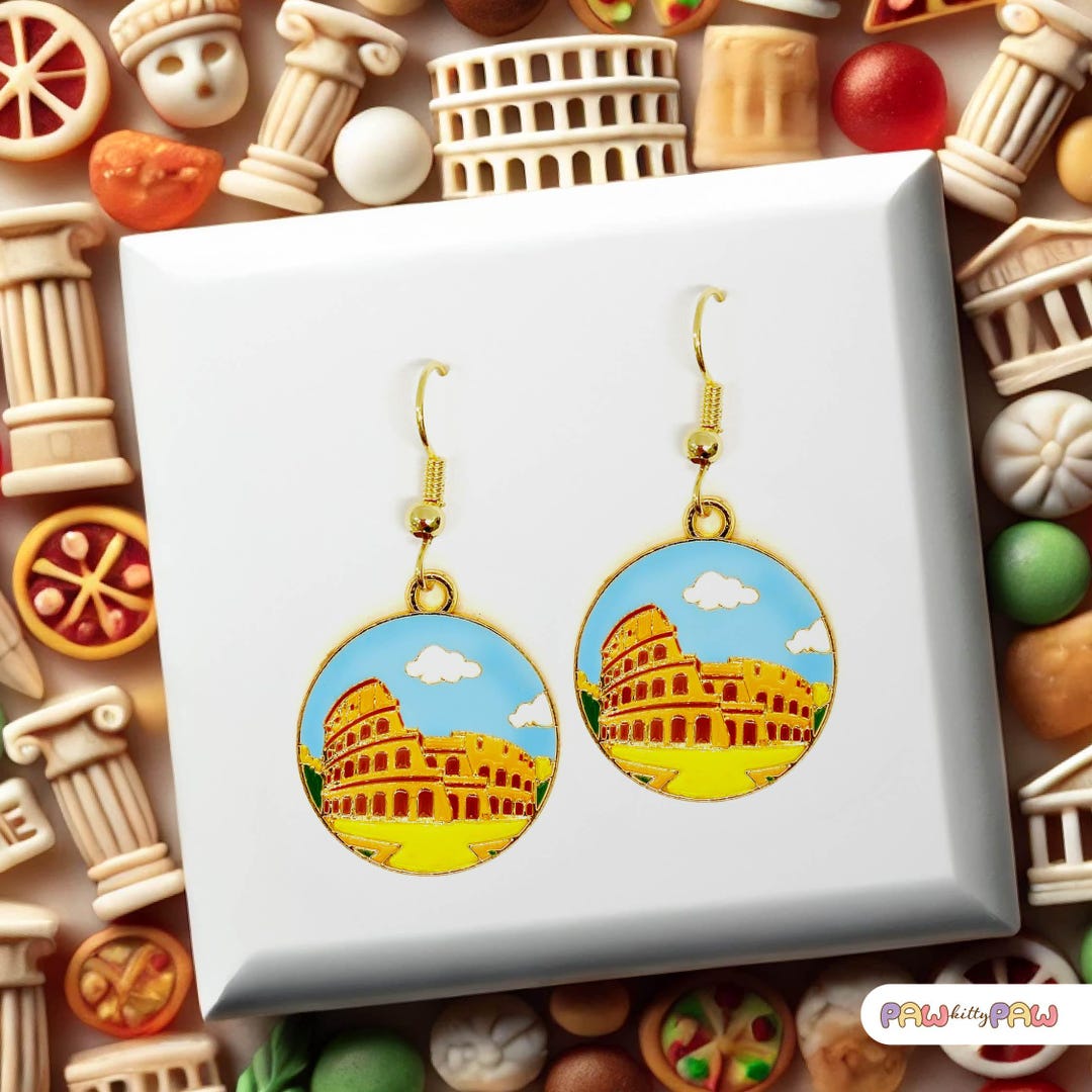 Colosseum Rome Dangle Earrings 18k Gold Plated Hook, Cute Jewelry Gift ...