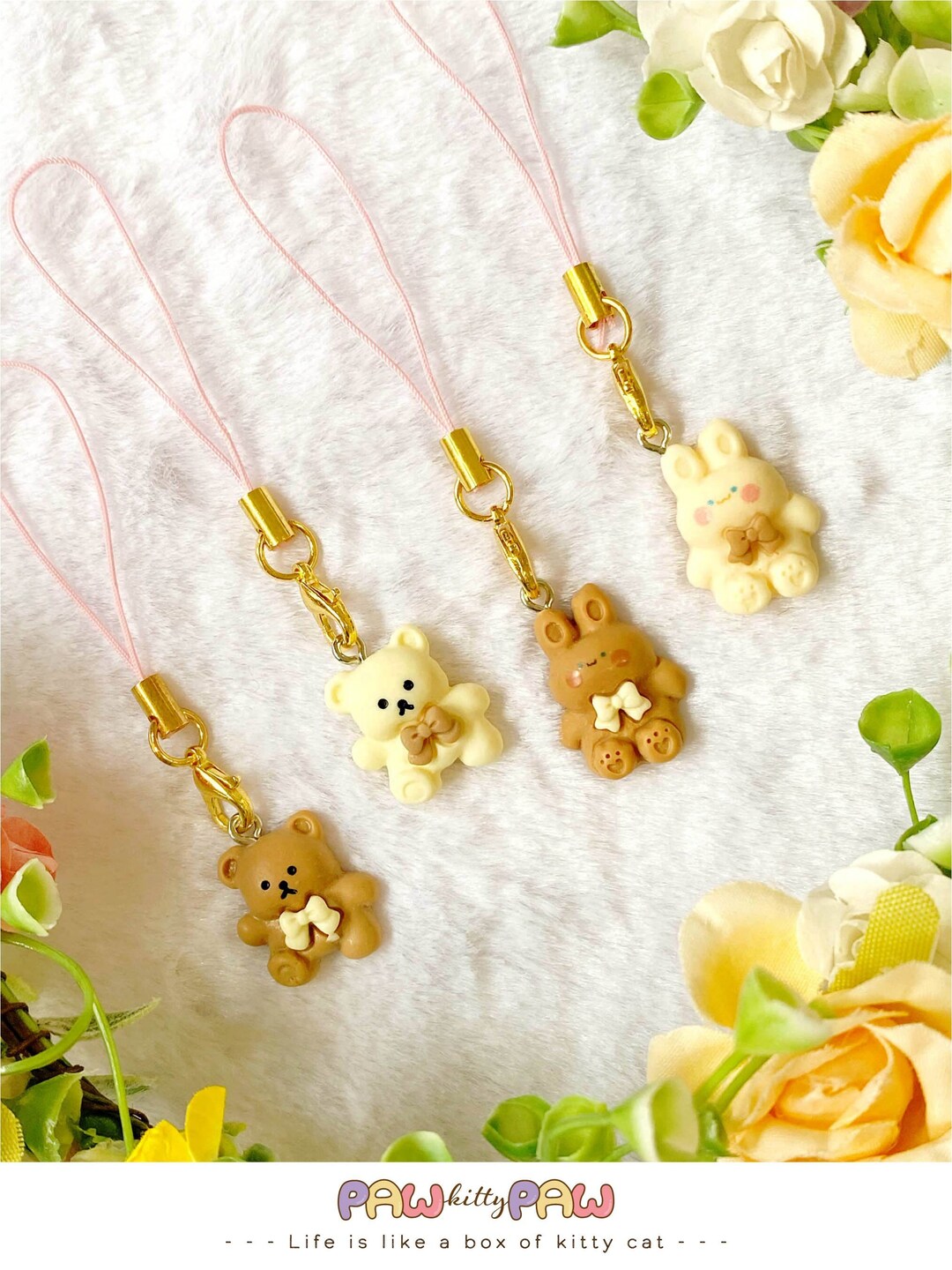 Pca-013-kawaii Small Bunny and Teddy Bear Charms, Cute Kuma Usagi Keychain, Phone Charm ...