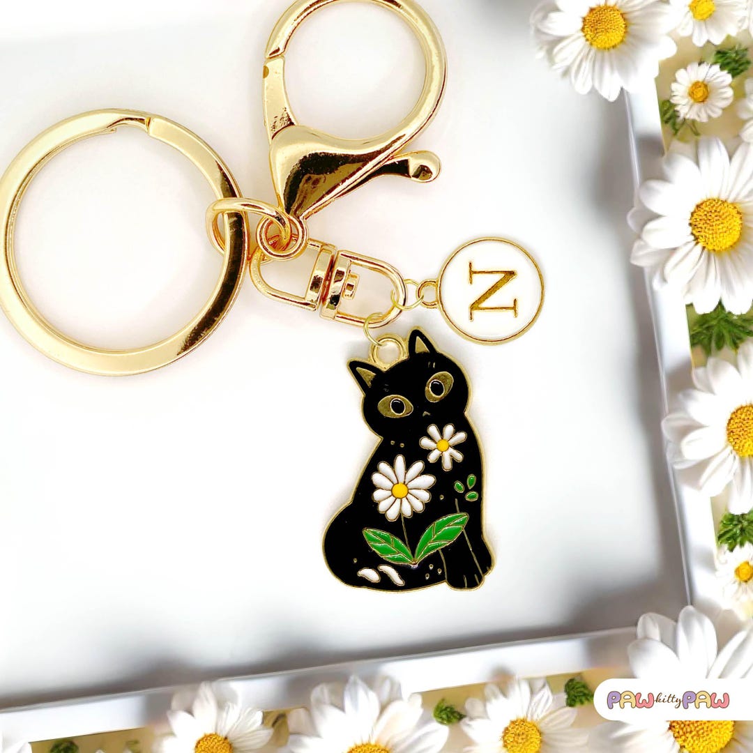 Black Cat Daisy Keychain Cute Floral Charm Personalized Initial Clip ...