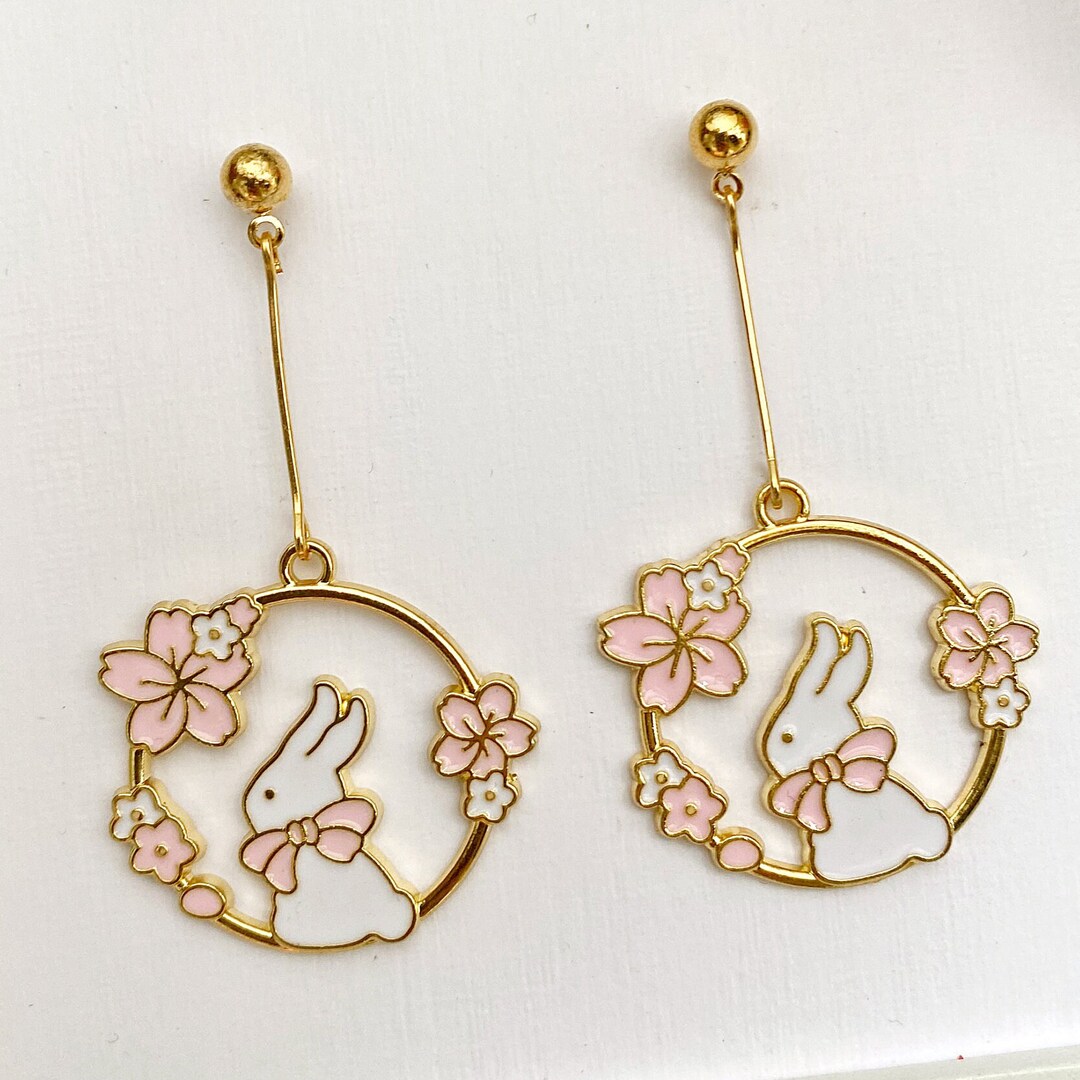 Erb-a013-2-cute Bunny Cherry Blossom Earrings, White Rabbit & Pink ...