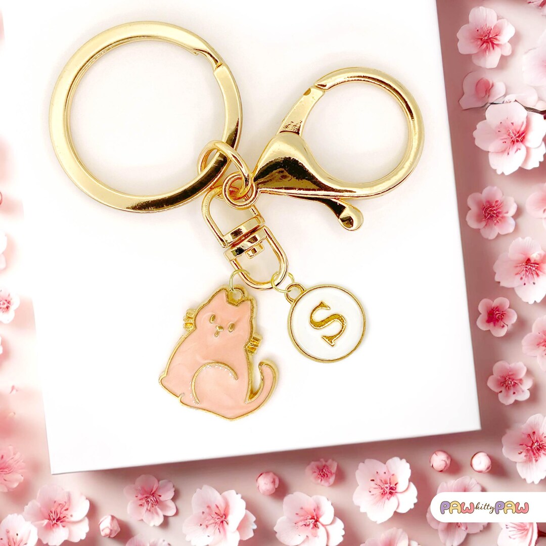 Pink Cat Keychain, Pastel Enamel Charm, Gold Detailing, Kawaii Feline ...