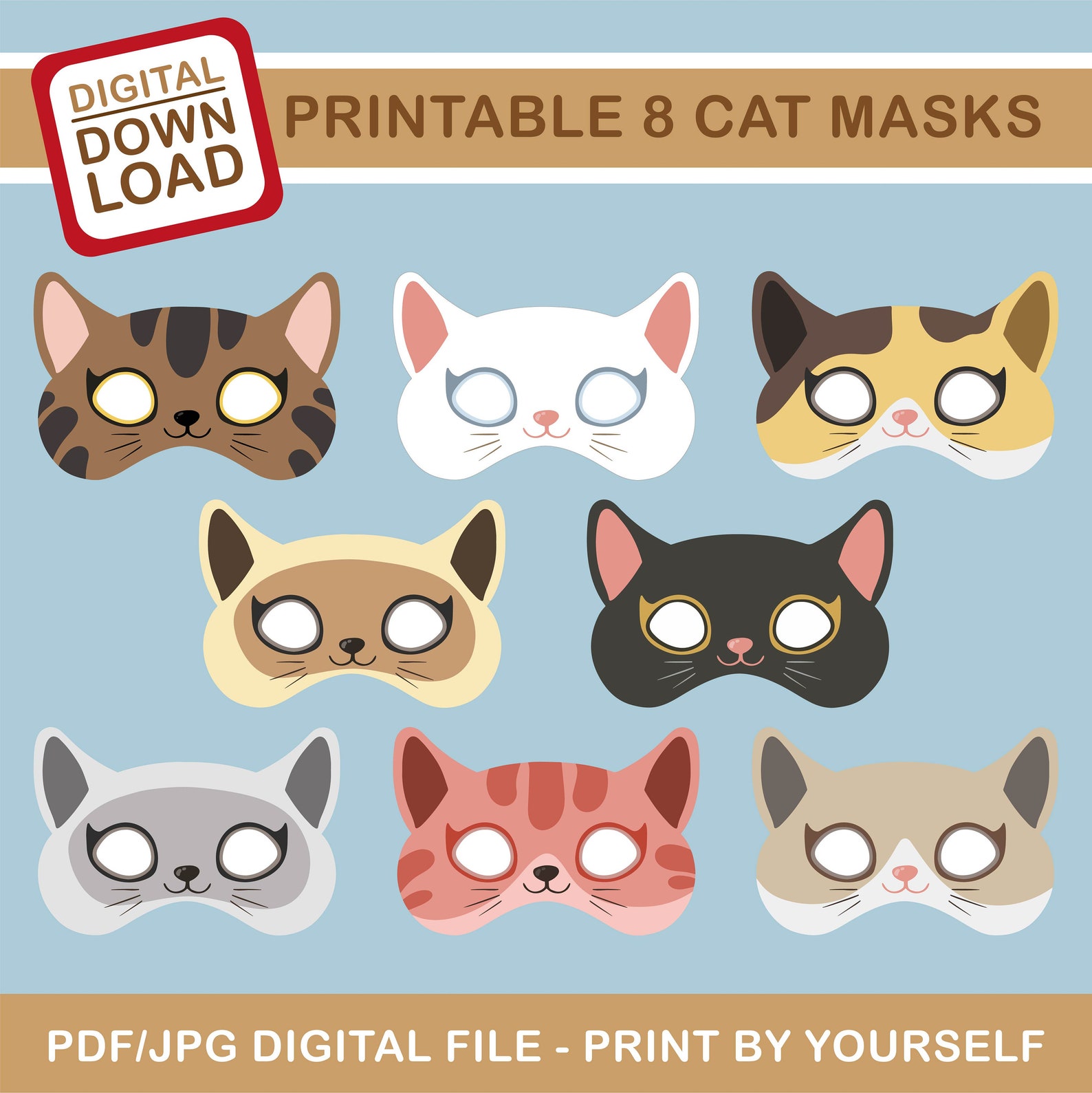 Cat Printable Party Mask Digital Instant Download Kitty | Etsy