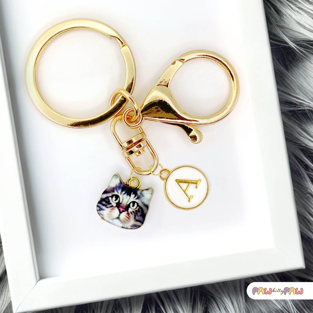 Realistic Grey Tabby Cat Face Keychain With Gold Initial Charm for Cat ...