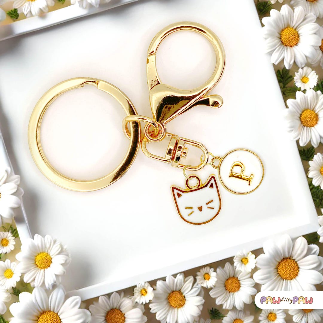 Minimalist White Cat Face Keychain With Personalized Gold Initial Charm ...