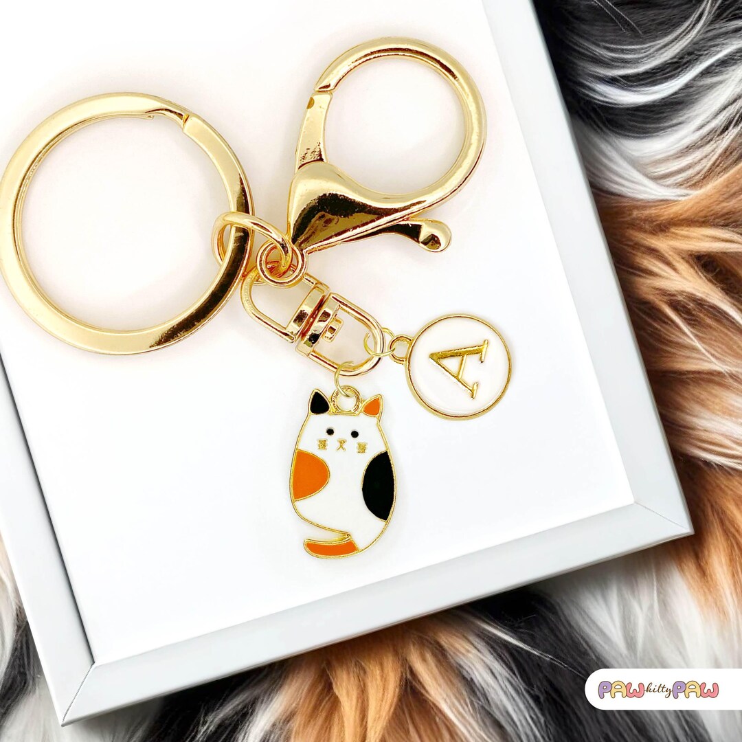 Cute Enamel Keychain: Spotty Calico Cat With Custom Monogram Initials ...