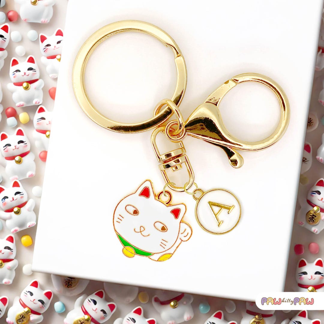 Lucky Cat Keychain White Enamel Maneki Neko Charm With Custom Letter ...