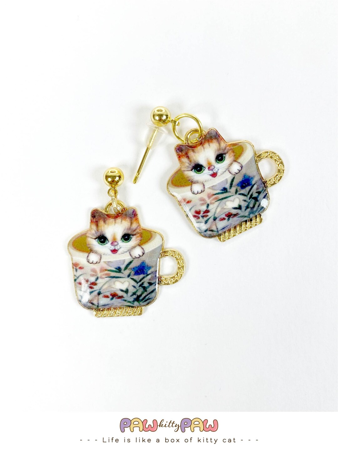 Era-075-kawaii Ginger Tabby Cat Teacup Dangle Earrings Cute Kitty ...