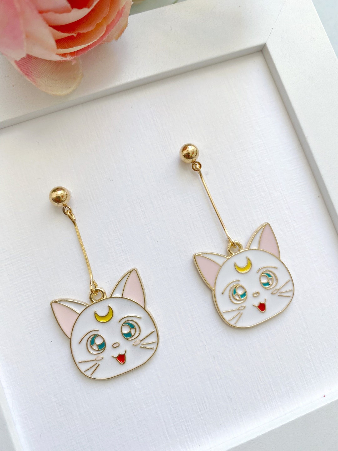 Luna Moon Cat Earring Kawaii White Cat Dangle Earrings - Etsy