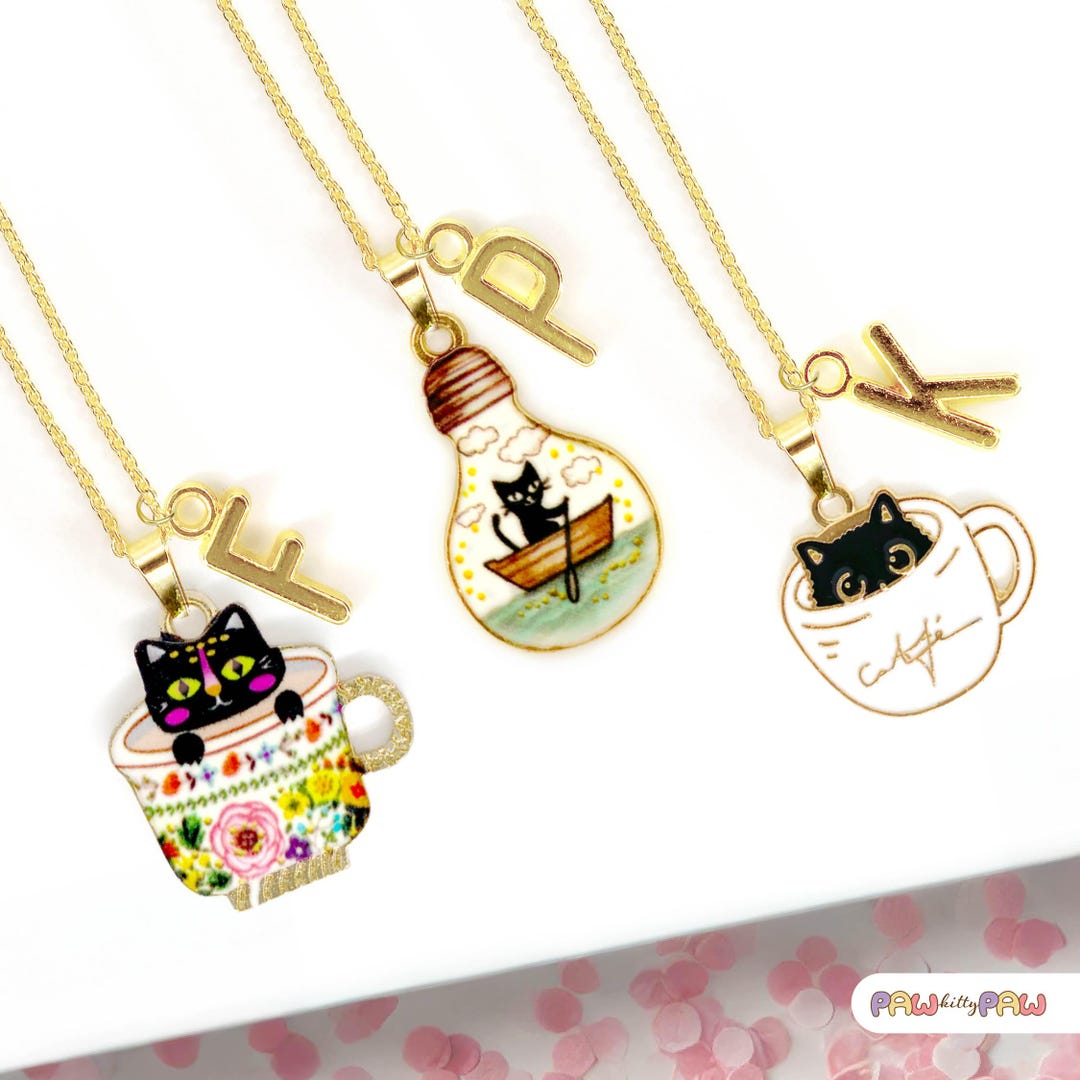 Tea Cup Cat Necklace With Personalized Initial – Kawaii Coffee Cup ...