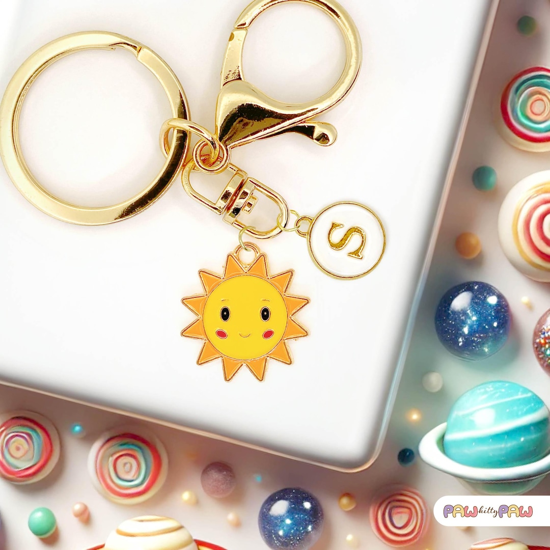Sun Keychain – Smiling Sunshine Charm With Gold Trim, Cute Weather ...