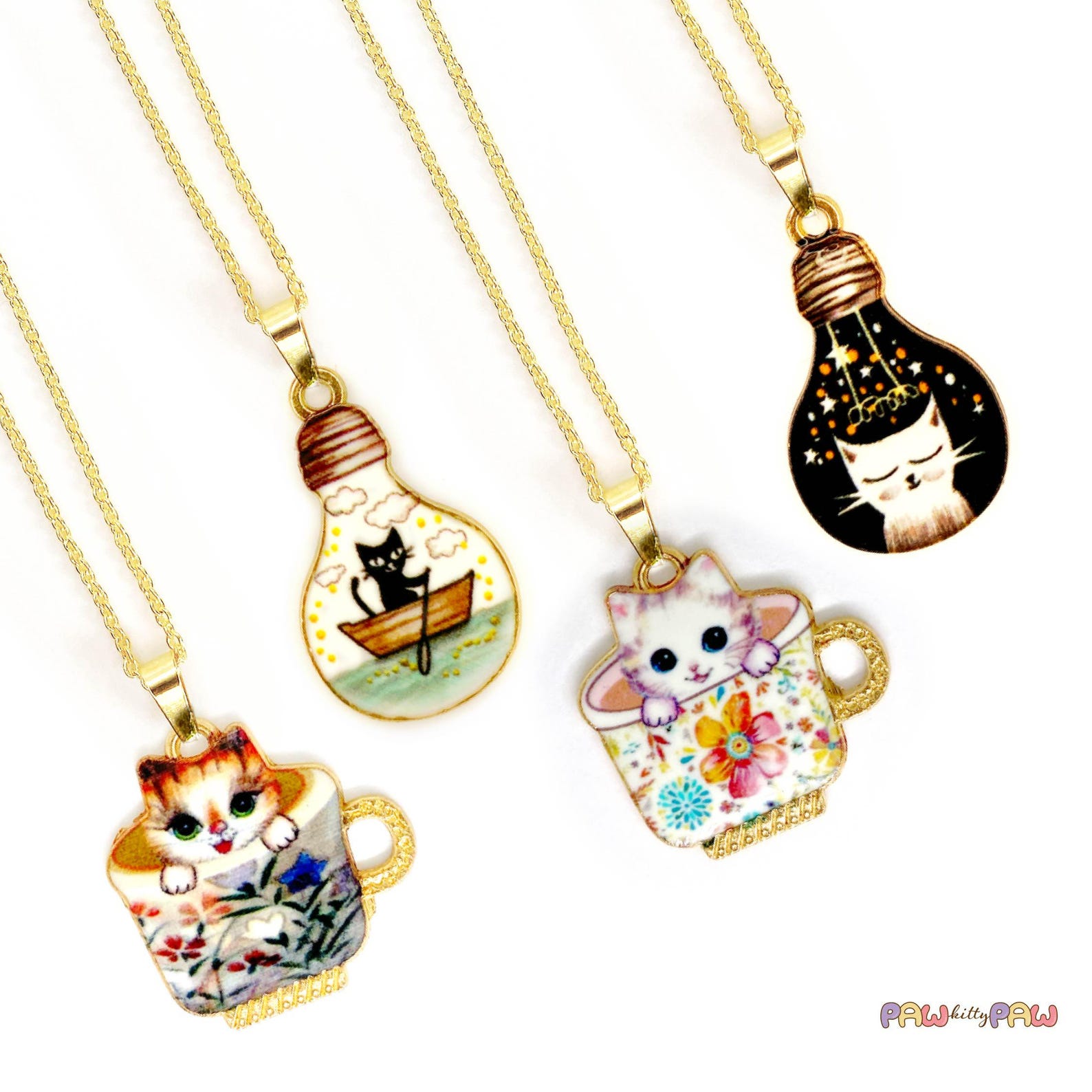 Tea Cup Cat Necklace With Personalized Initial – Kawaii Coffee Cup ...