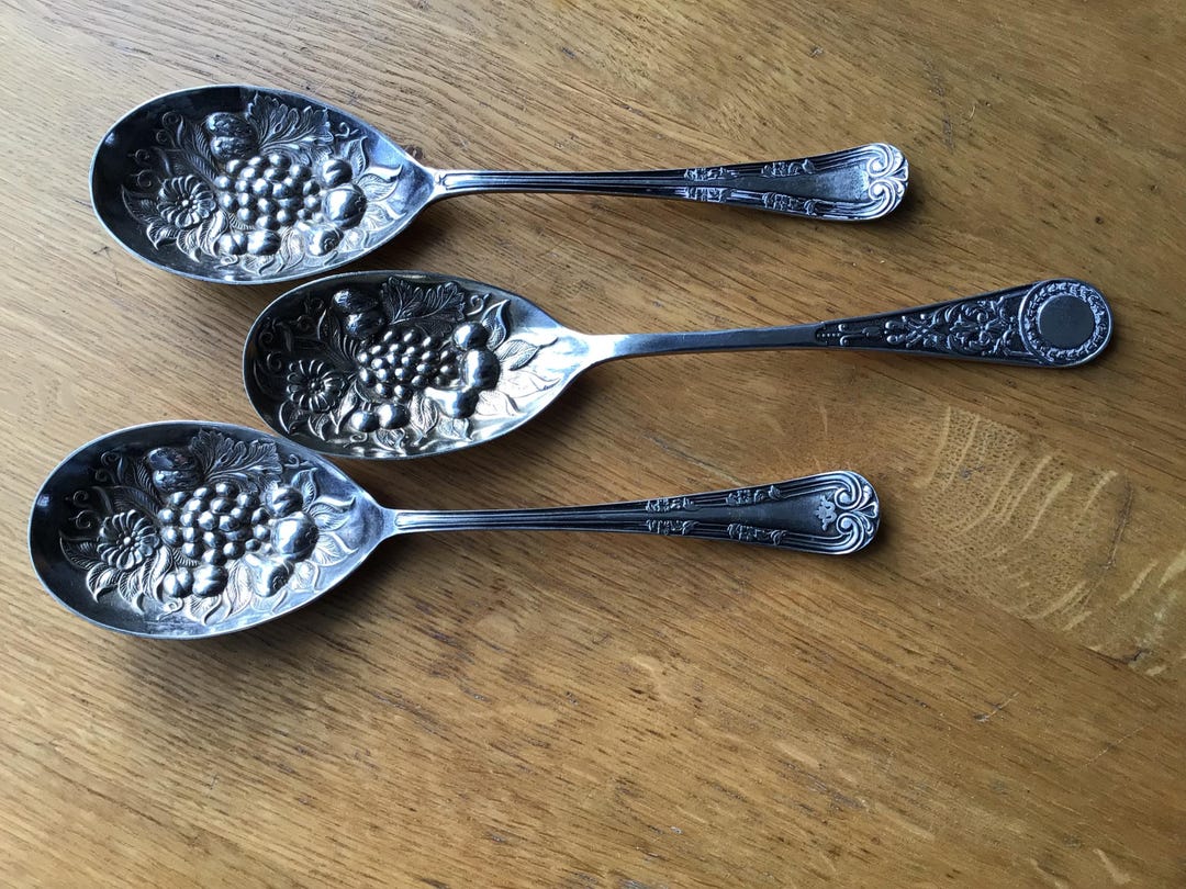 Vintage Trio of White Metal Berry Spoons Embossed Pressed Fruit Floral ...