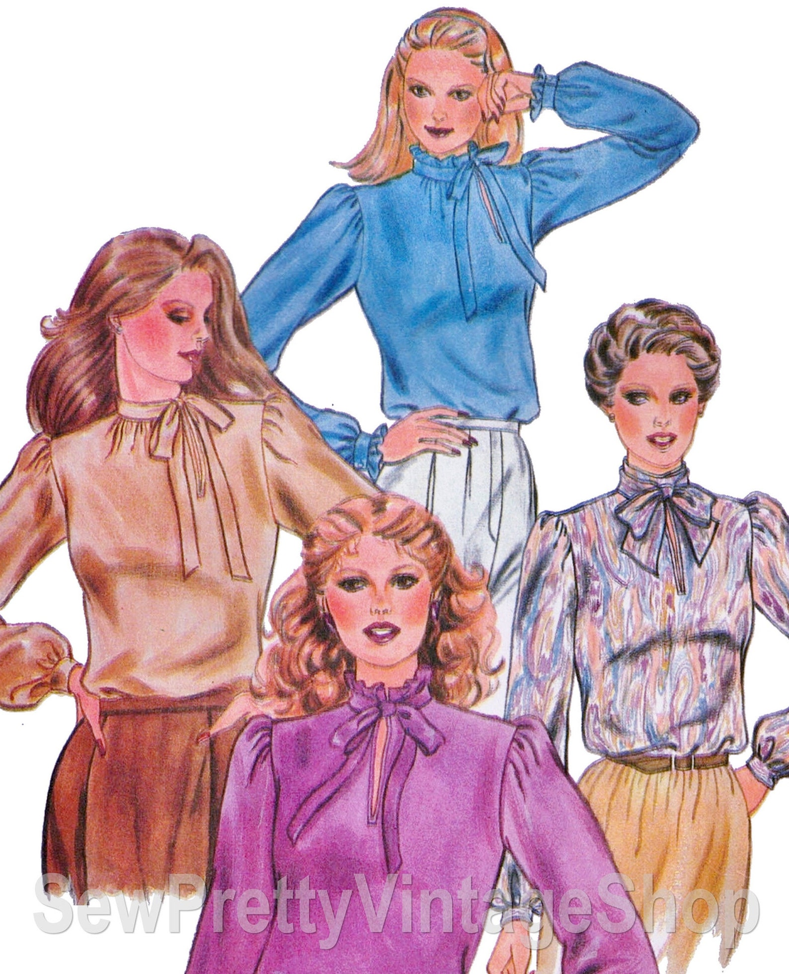Butterick 3968 80s Modest Blouses: High Neck Asymmetrical Tie - Etsy