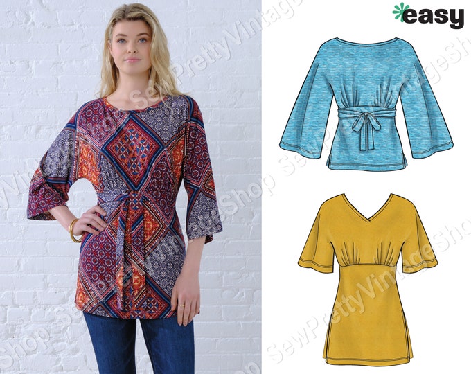 New Look 6638 Modest Knit Tops: Empire Waist Ruched High Neck Tunic ...