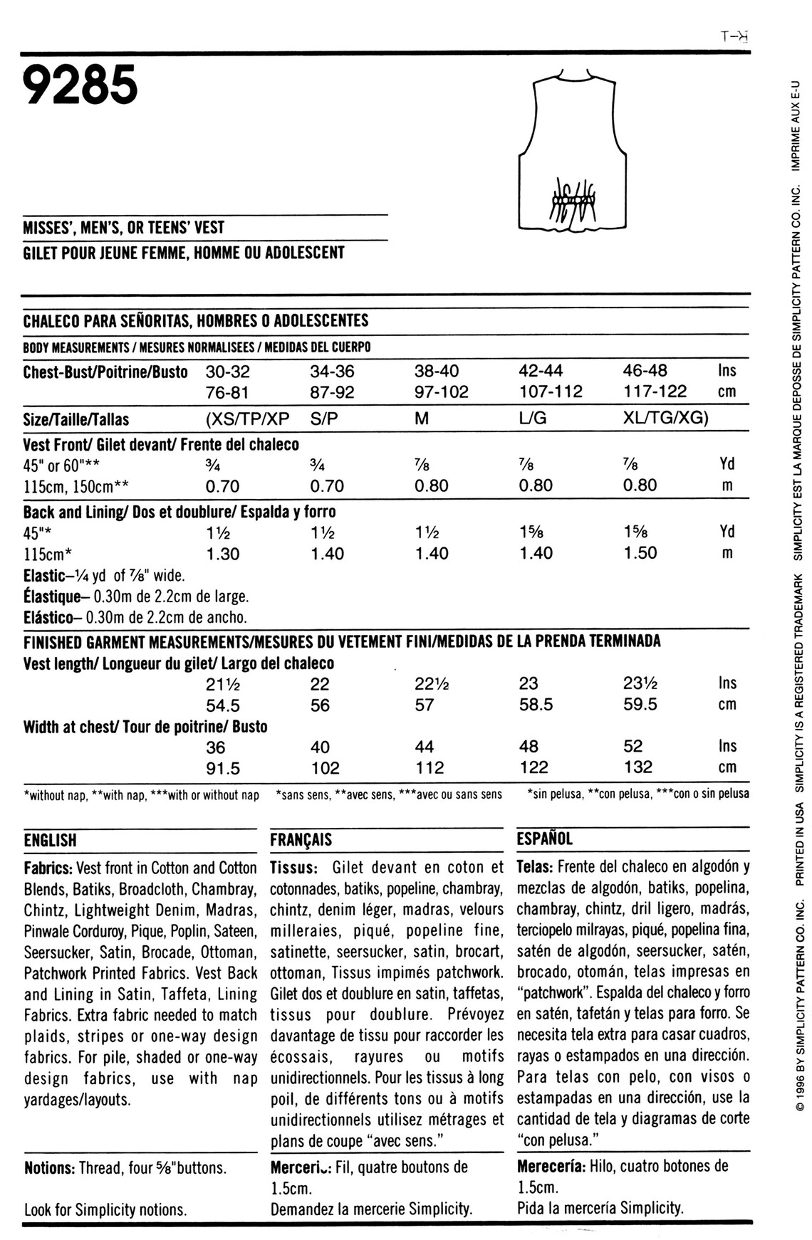 Simplicity 9285 90s Mens & Womens Vests: Button up Weskit Vest | Etsy