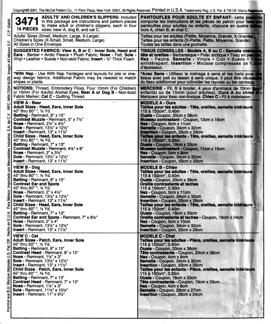 Mccall's 3471 Adults & Kids Animal Slippers: Cat Dog - Etsy