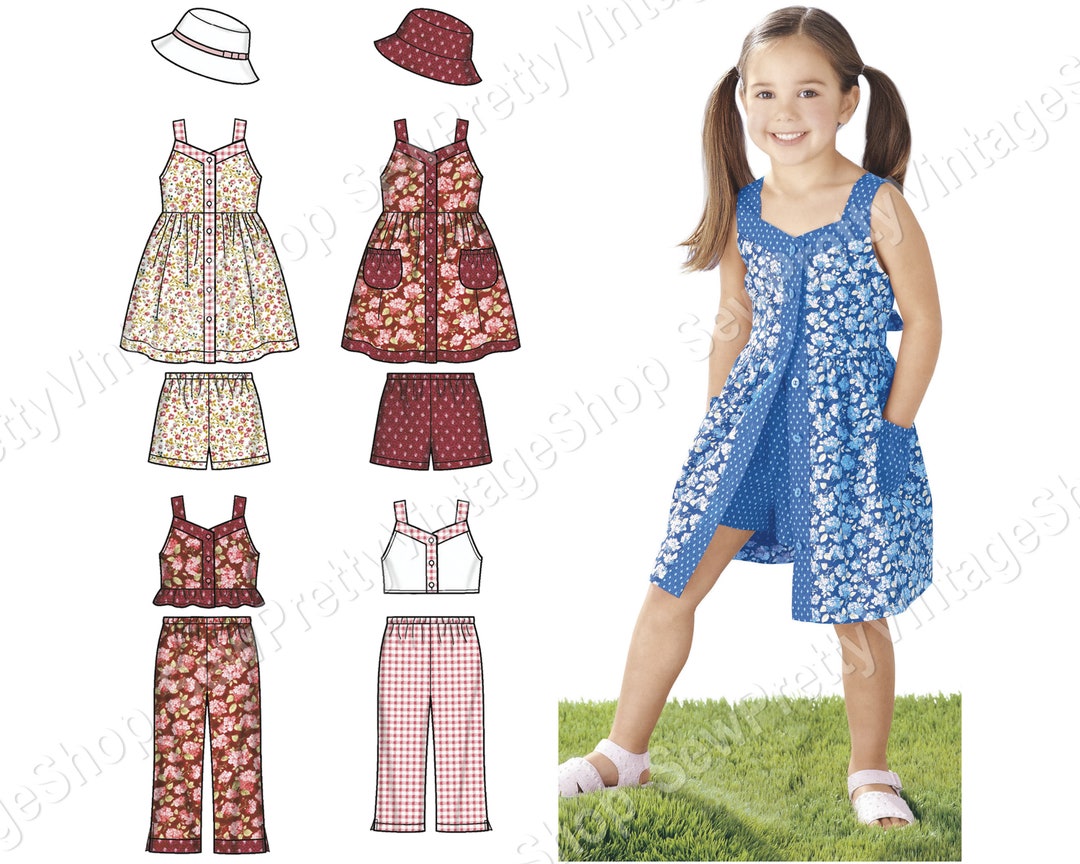 Simplicity 5440 Girls Summer Clothes: Sun Hat, Button up Sleeveless ...